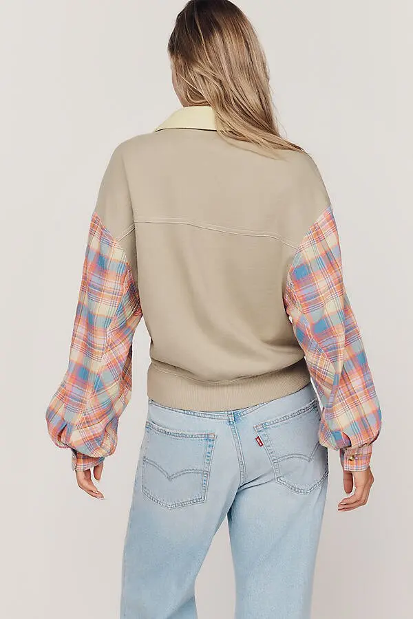 PILCRO 100% Cotton Mixed Knit Pullover With Plaid Sleeves And Contrasting Collar - Green Pattern