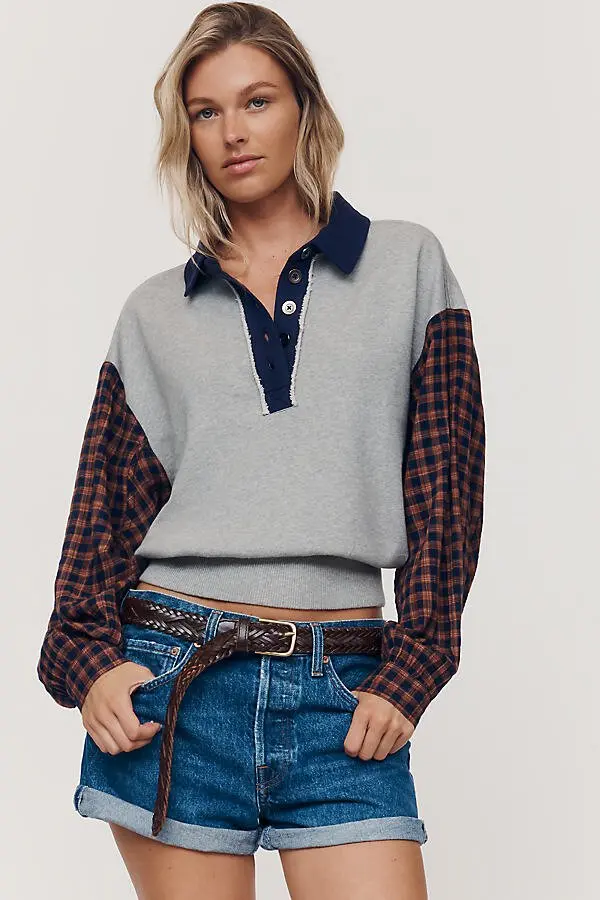 PILCRO 100% Cotton Mixed Knit Pullover With Plaid Sleeves And Contrasting Collar
