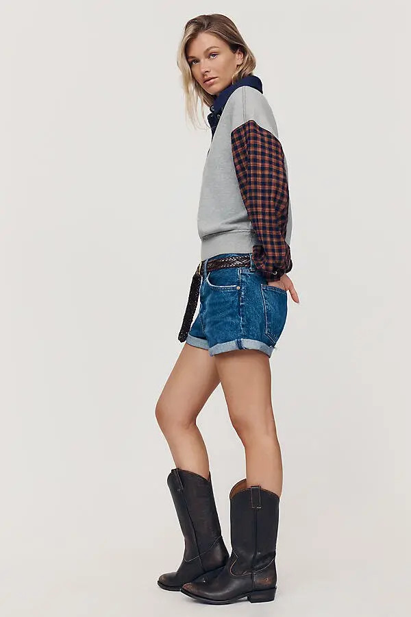 PILCRO 100% Cotton Mixed Knit Pullover With Plaid Sleeves And Contrasting Collar