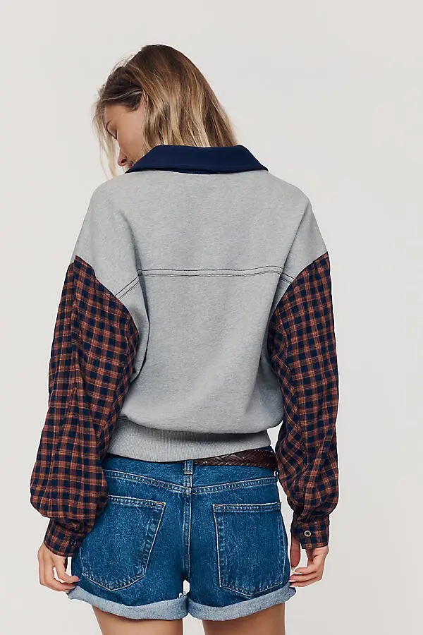 PILCRO 100% Cotton Mixed Knit Pullover With Plaid Sleeves And Contrasting Collar
