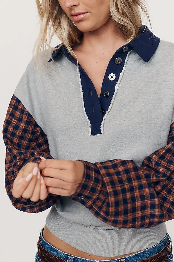 PILCRO 100% Cotton Mixed Knit Pullover With Plaid Sleeves And Contrasting Collar