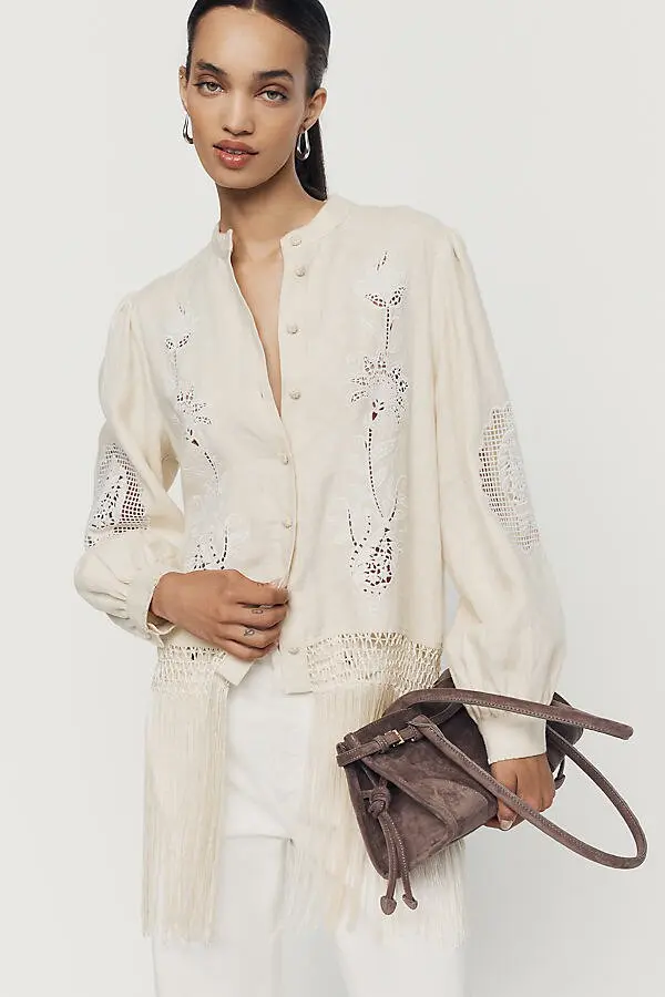Farm Rio 100% Len Richelieu Buttondown Shirt - Sand