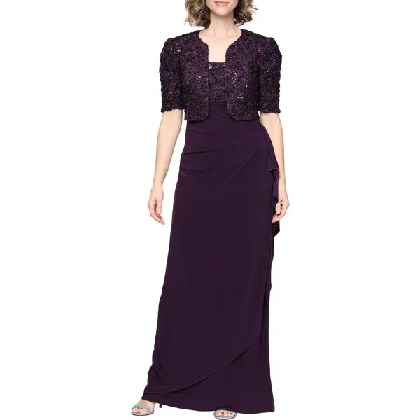 Alex Evenings Sequin Soutache Bodice Empire Waist Chiffon Gown With Bolero Jacket - Deep Plum