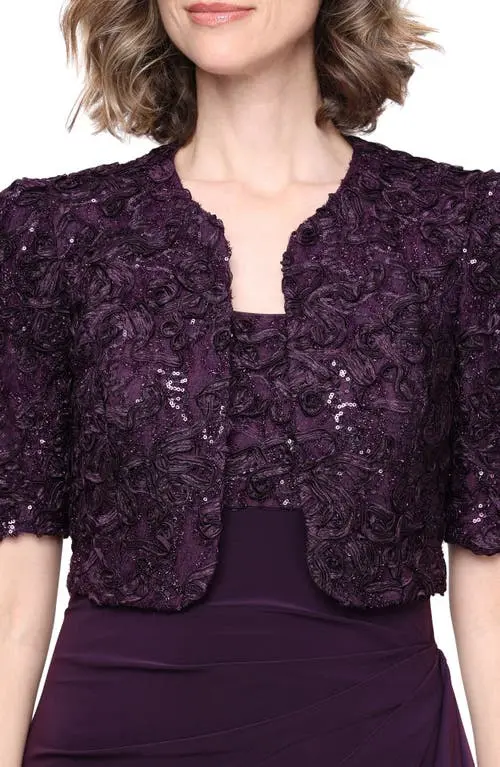 Alex Evenings Sequin Soutache Bodice Empire Waist Chiffon Gown With Bolero Jacket - Deep Plum