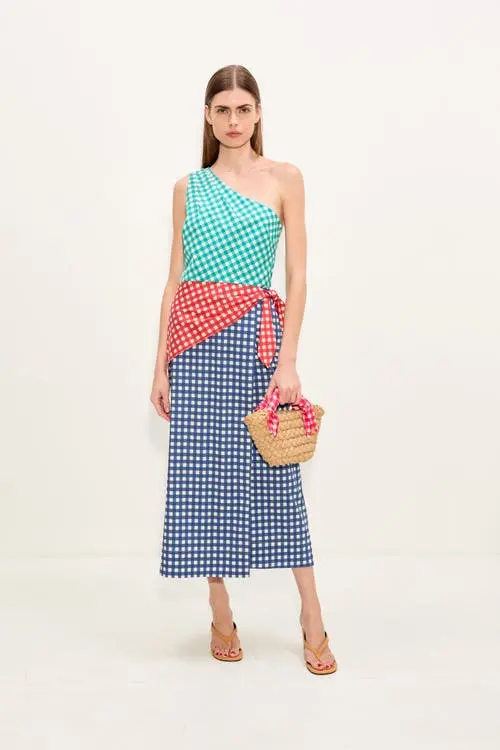 SIMONMILLER Belem Poplin Midi Dress - Teal Gingham Multi