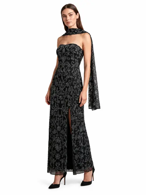 LARA NEW YORK Strapless Beaded Gown With Scarf - Black