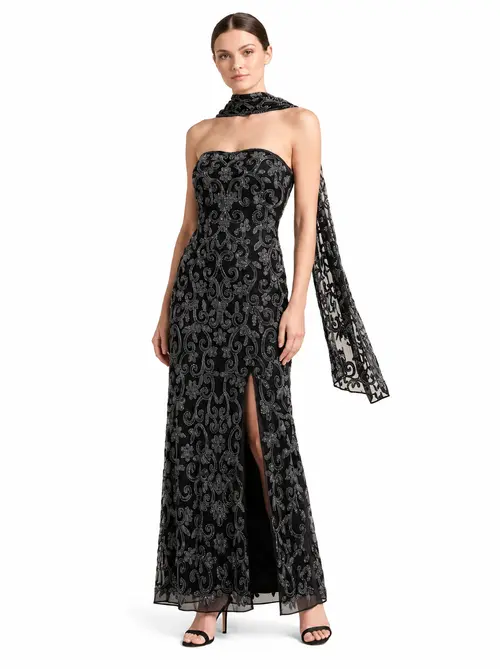 LARA NEW YORK Strapless Beaded Gown With Scarf