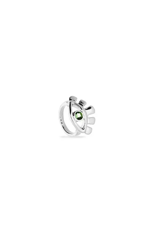 UNODE50 Sterling Plated Eye-shaped Ring With Green Faceted Crystal - Silver