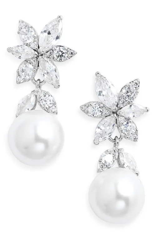 Nadri Under The Sea Cubic Zirconia & Faux Pearl Drop Earrings - Rhodium
