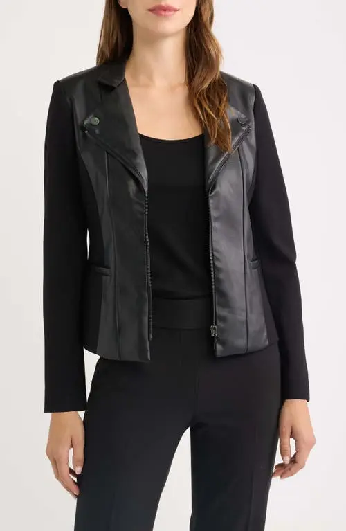 Anne Klein Faux Leather Moto Jacket With Knit Sleeves