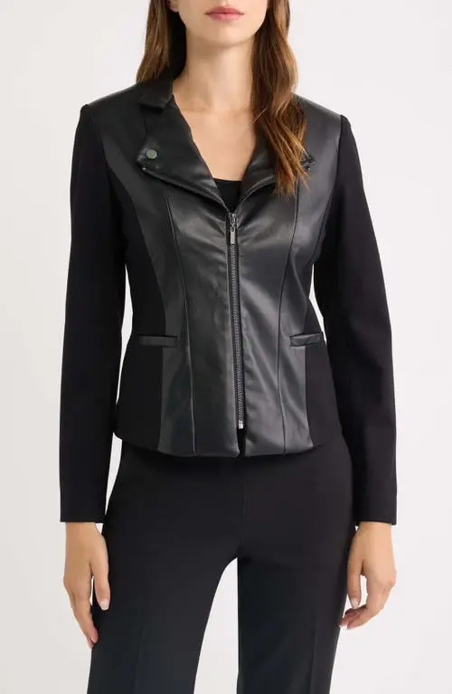 Anne Klein Faux Leather Moto Jacket With Knit Sleeves