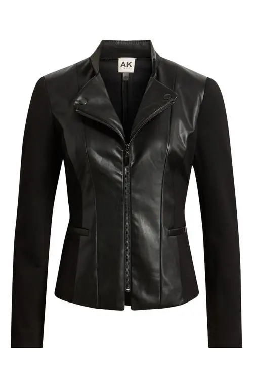Anne Klein Faux Leather Moto Jacket With Knit Sleeves
