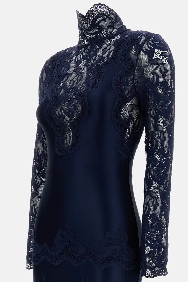 Rabanne Jersey And Lace High Neck Dress - Blu