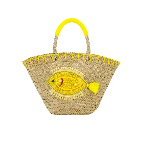 OHSUN Neutrals / Dory Straw Embroidered Beach Bag Lemon