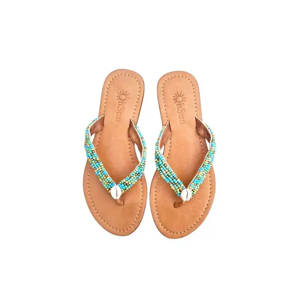 OHSUN Blue / Green Sonya Beaded Leather Sandals Ocean