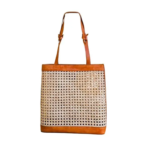 OHSUN Neutrals / Manuela Rattan And Leather Shoulder Bag Toffee