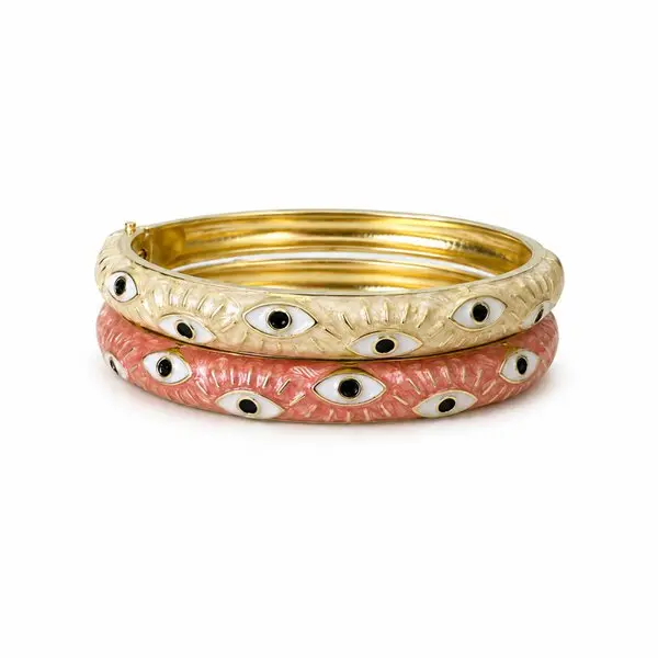 NUVV COLLECTION Gold-tone Enamel Evil Eye & Lotus Bangle Set - Pink