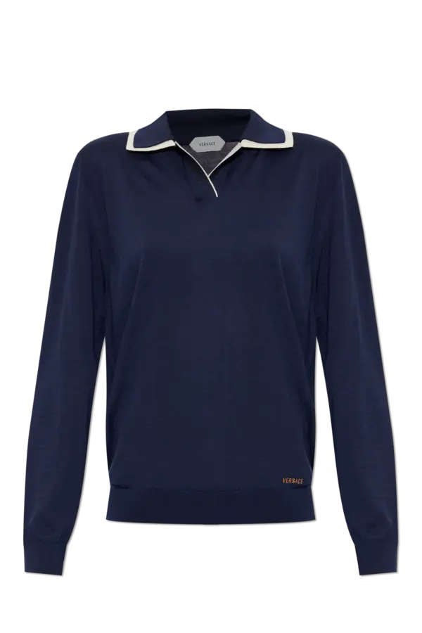 Versace Wool Long Sleeve Polo With Contrast Collar - Navy Blue