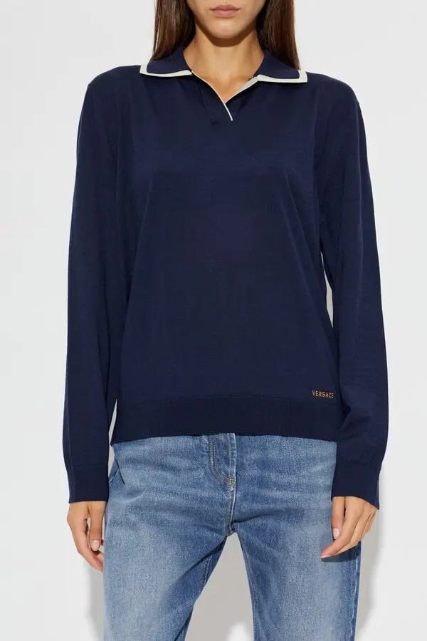 Versace Wool Long Sleeve Polo With Contrast Collar - Navy Blue