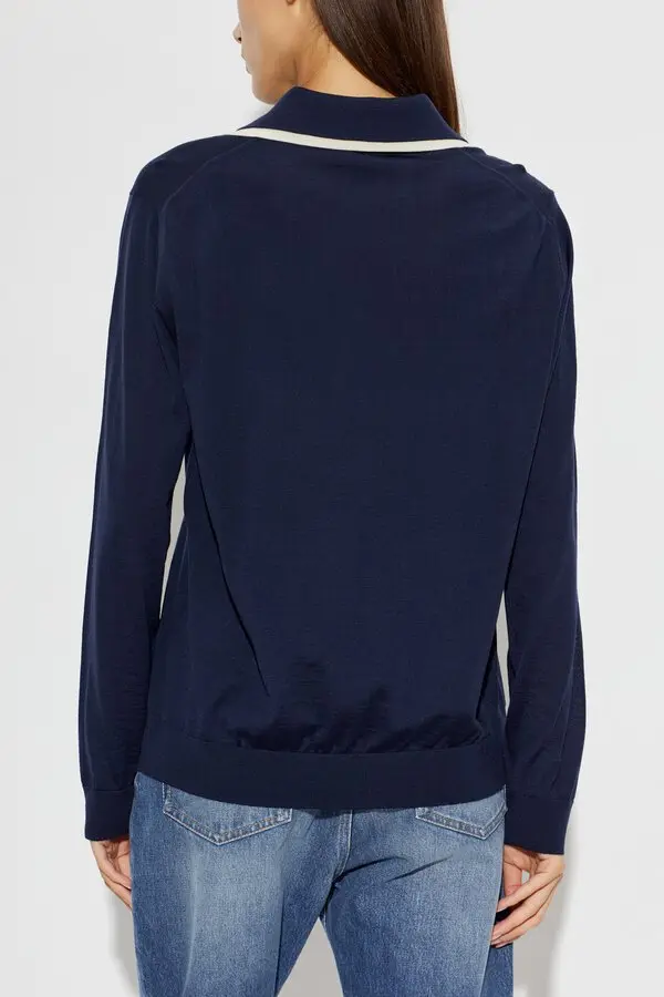 Versace Wool Long Sleeve Polo With Contrast Collar - Navy Blue