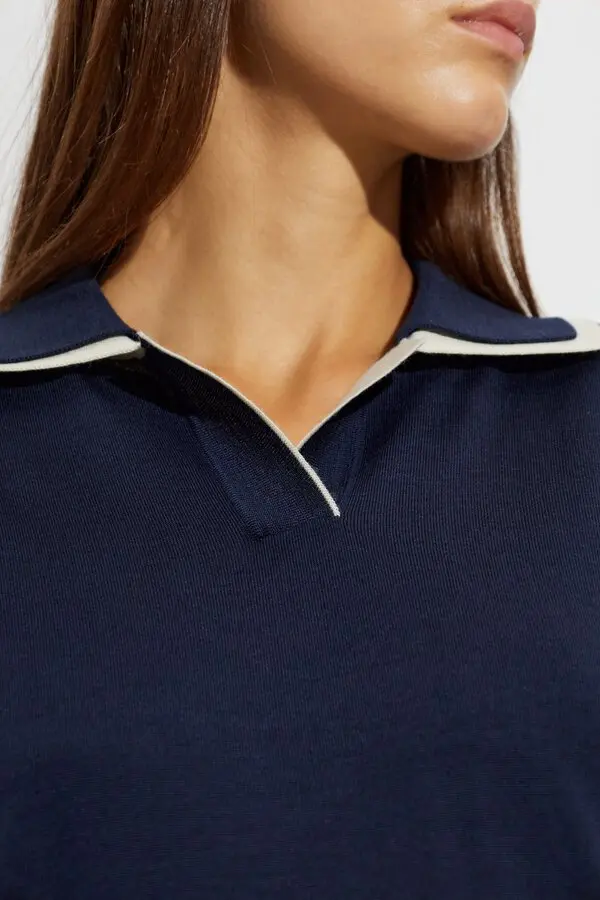 Versace Wool Long Sleeve Polo With Contrast Collar - Navy Blue