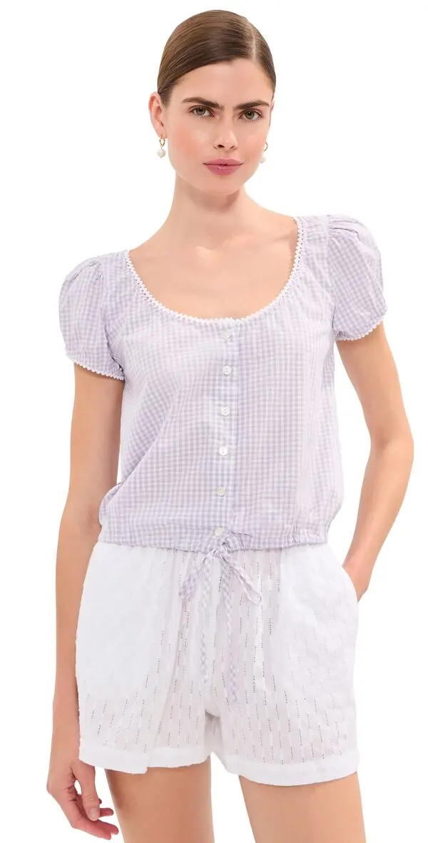 LE BOP Gingham Check Puff Sleeve Blouse - Lilac Gingham