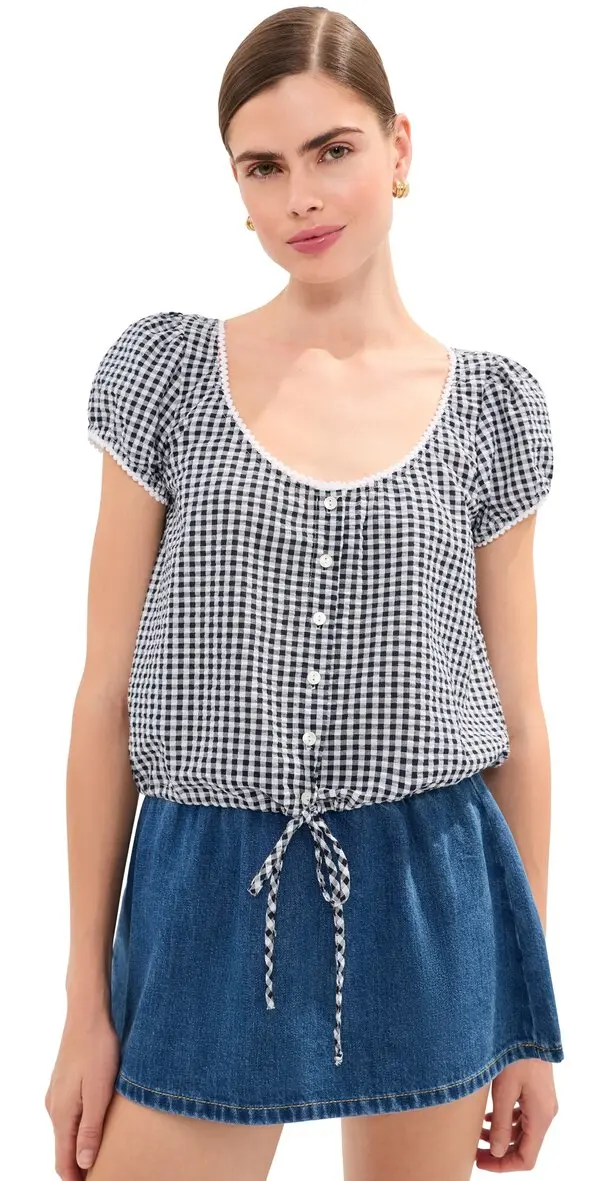 LE BOP Gingham Check Babydoll Blouse - Black Gingham