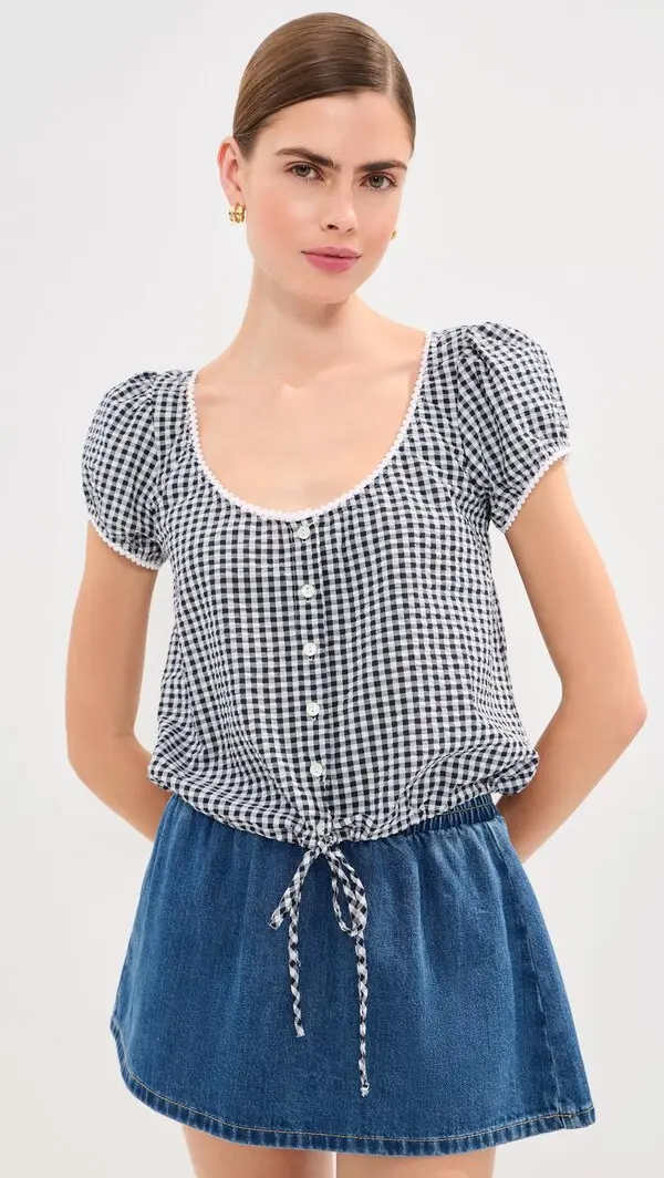 LE BOP Gingham Check Babydoll Blouse - Black Gingham