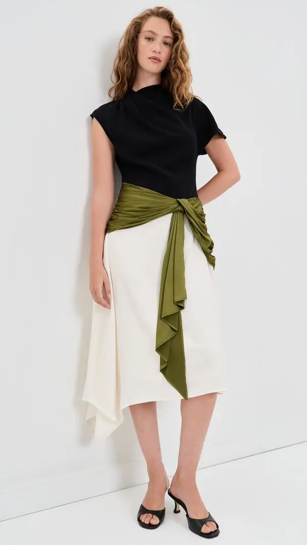 Staud Davina Dress With Silk Scarf Detail - Black/pear Multi