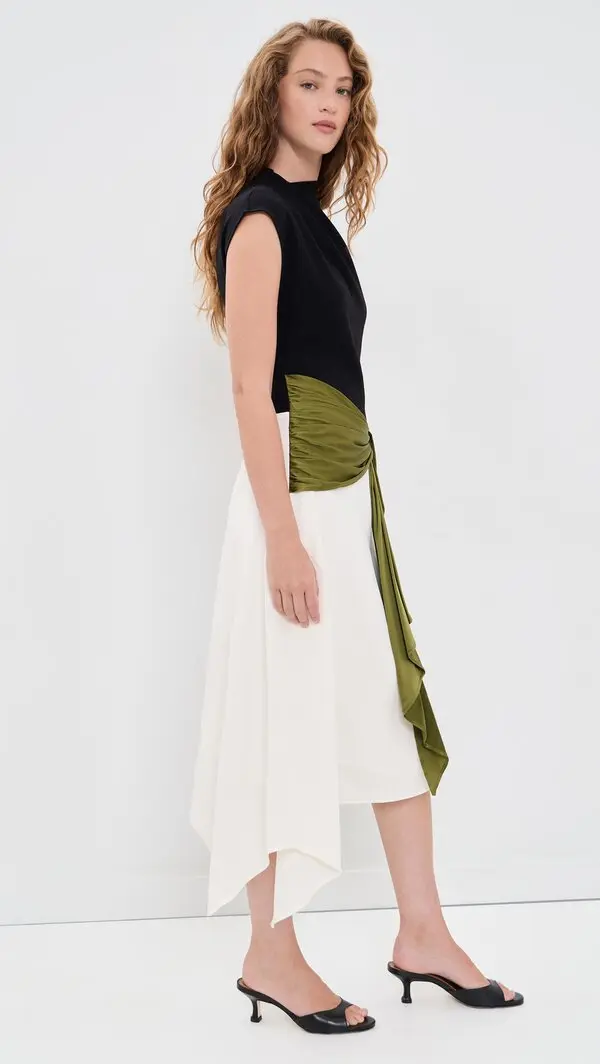 Staud Davina Dress With Silk Scarf Detail - Black/pear Multi