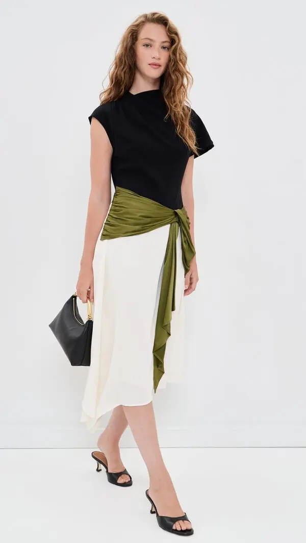 Staud Davina Dress With Silk Scarf Detail - Black/pear Multi
