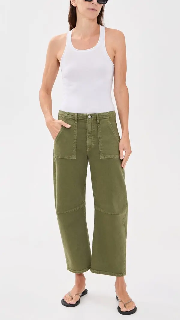 LE JEAN Petite Utility Soft Barrel Jeans - Olive Green