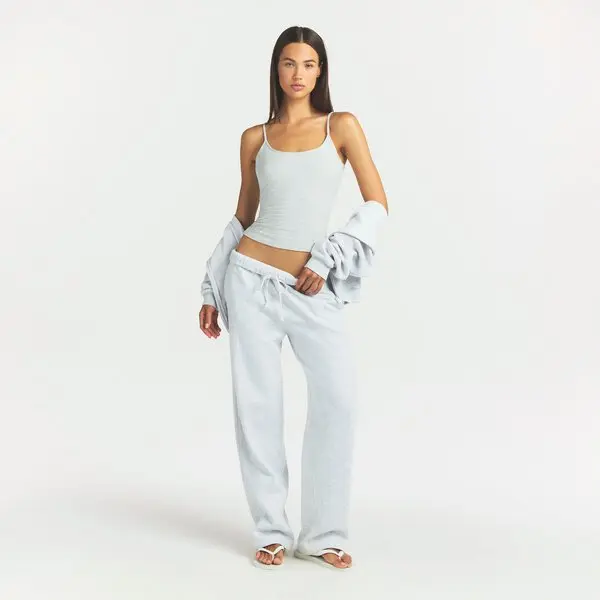 SKIMS Cotton Fleece Arched Plaid Straight Leg Pants - Light Heather Grey