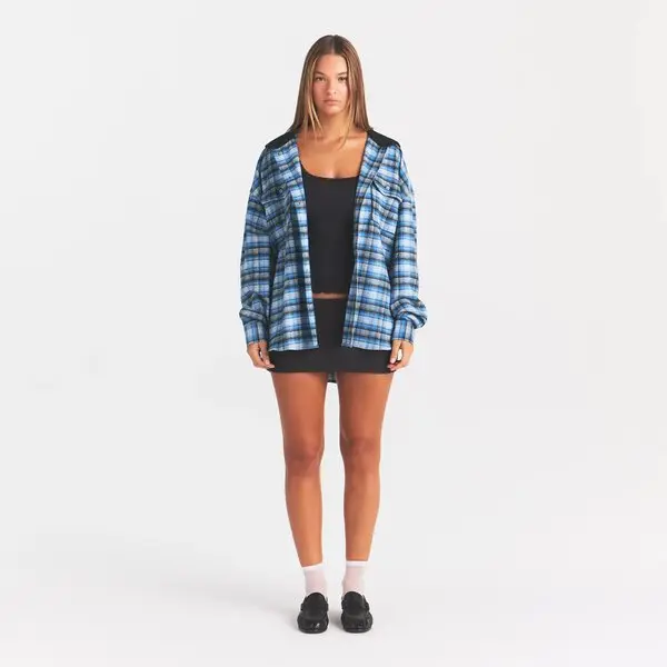 SKIMS Oversized Hooded Flannel Shirt - Azure Plaid