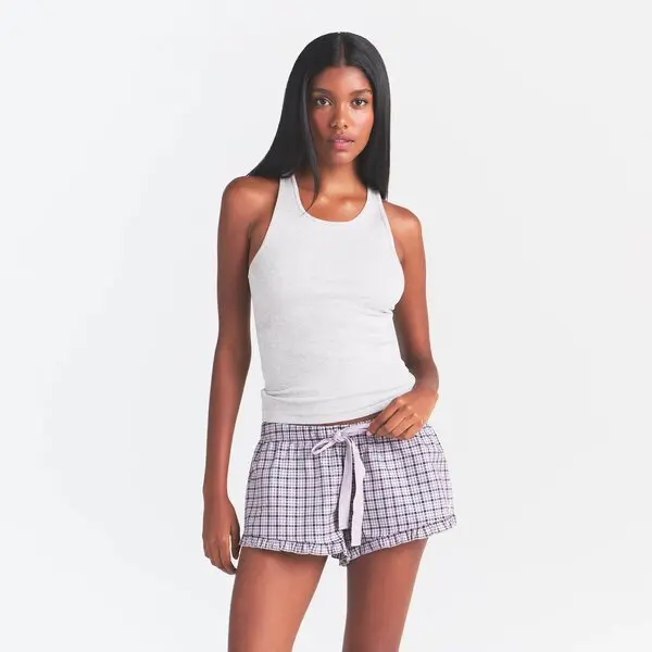 SKIMS Pajama Ruffle Short | Blue | | Cotton Poplin - Iris Mica Navy Check