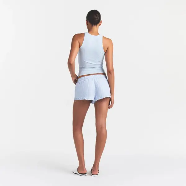 SKIMS Pajama Ruffle Short | Blue | | Cotton Poplin - Marina Mesh Stripe