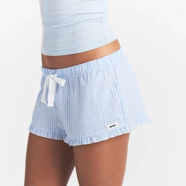 SKIMS Pajama Ruffle Short | Blue | | Cotton Poplin - Marina Mesh Stripe