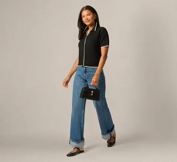 Adrianna Papell Short Sleeve Scalloped Trim Polo Cardigan Sweater In Black Cream - Black/cream