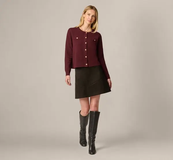Adrianna Papell Long Sleeve Textured Knit Cardigan Sweater - Berry
