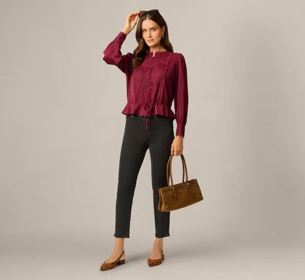Adrianna Papell Long Sleeve Lace Trim Drawstring Hem Blouse - Fig