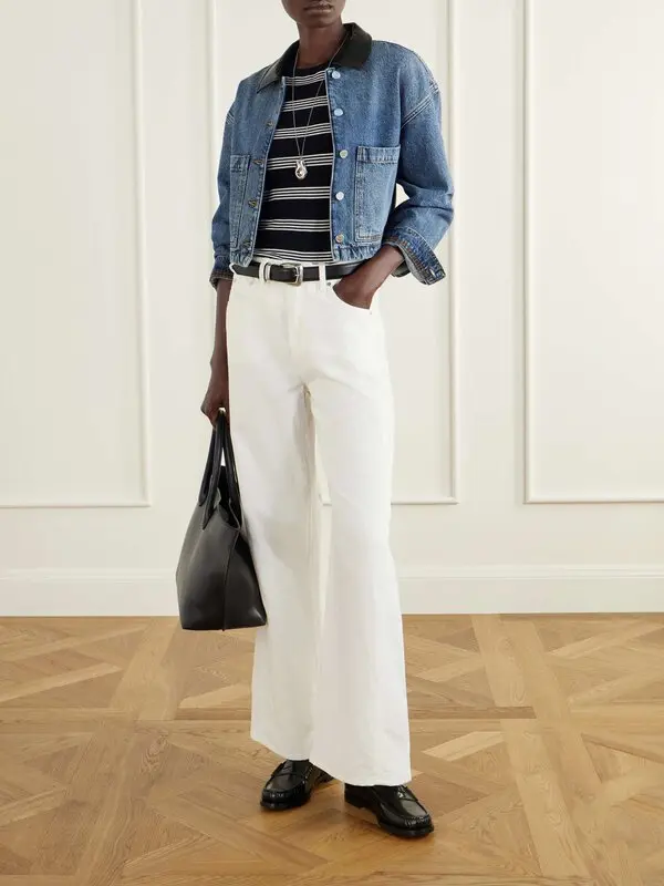 ANINE BING Yuma Cropped Textured-trimmed Denim Jacket