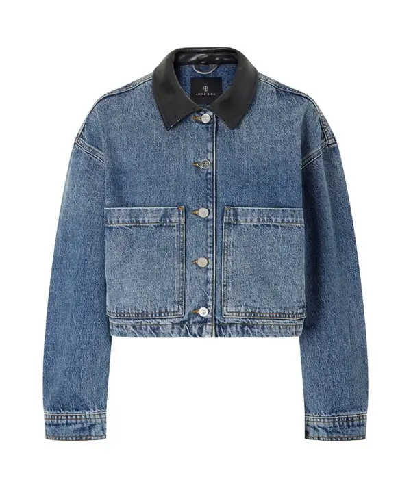 ANINE BING Yuma Cropped Textured-trimmed Denim Jacket - Blue
