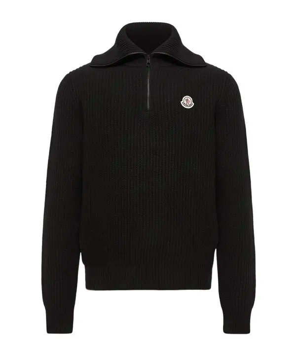 Moncler Ribbed Wool Half-zip Sweater With Logo Patch