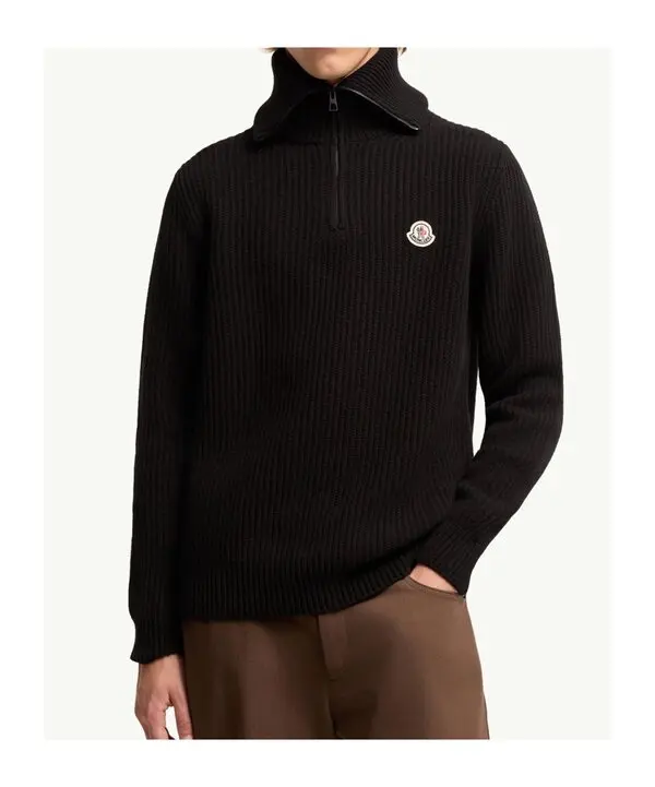 Moncler Ribbed Wool Half-zip Sweater With Logo Patch