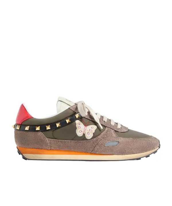 Valentino Garavani Studded Butterfly Embroidered Split Leather And Nylon Sneakers