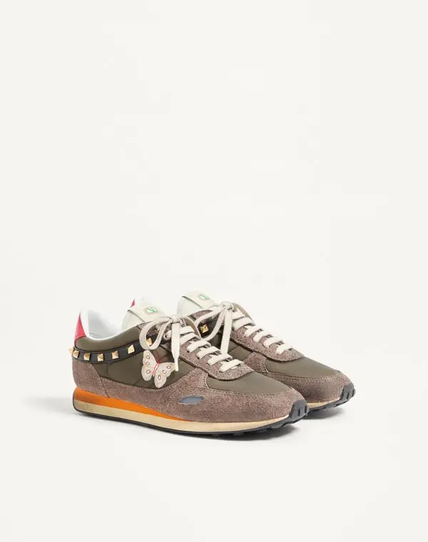 Valentino Garavani Studded Butterfly Embroidered Split Leather And Nylon Sneakers