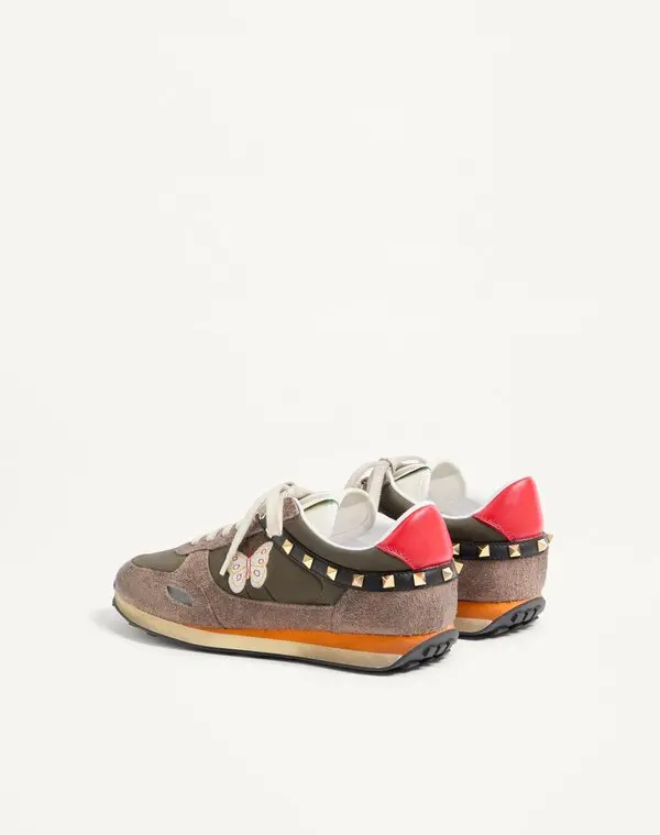 Valentino Garavani Studded Butterfly Embroidered Split Leather And Nylon Sneakers