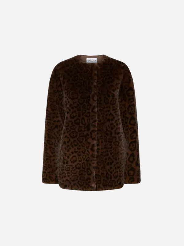 Marella Faux Fur Leopard Print Long Sleeve Coat - Brown