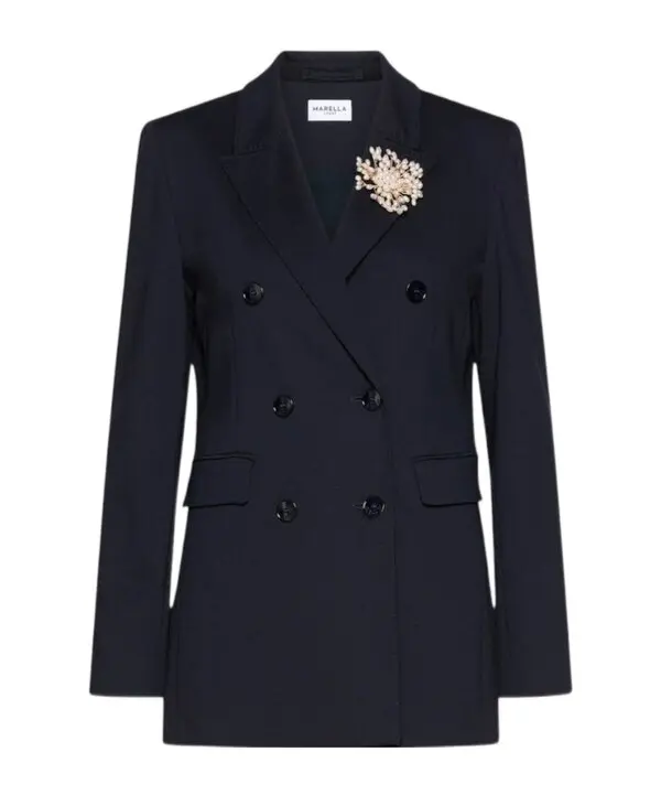 Marella Double-breasted Blazer With Notched Lapel - Navy Blue