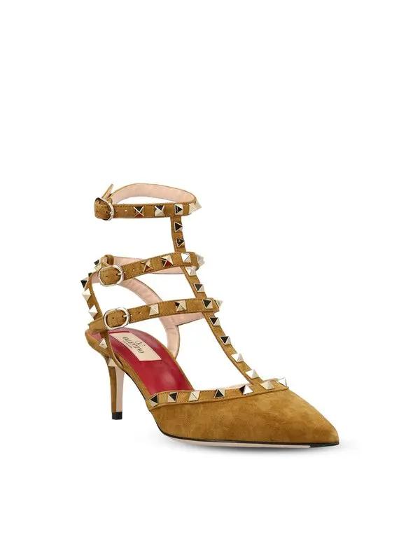 Valentino Garavani Rockstud Pointed Toe Ankle Strap Pumps - Light Brown
